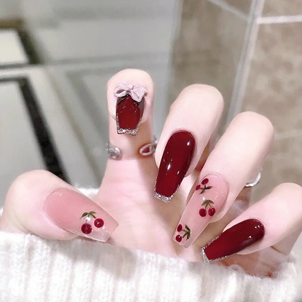24Pcs-Coffin-Press-on-Nails-Full-Finished-Deep-Red-False-Nails-Cherry ...