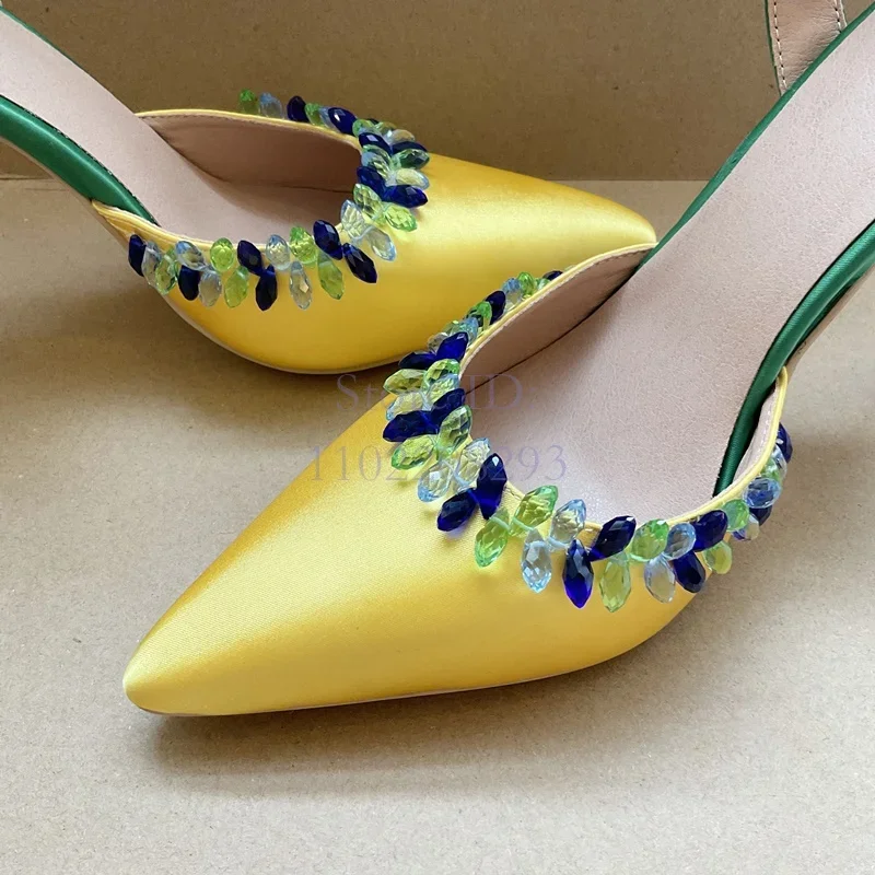 Crystal Pointed Toe Thin High Heels Pumps Satin Yellow Elegant ...