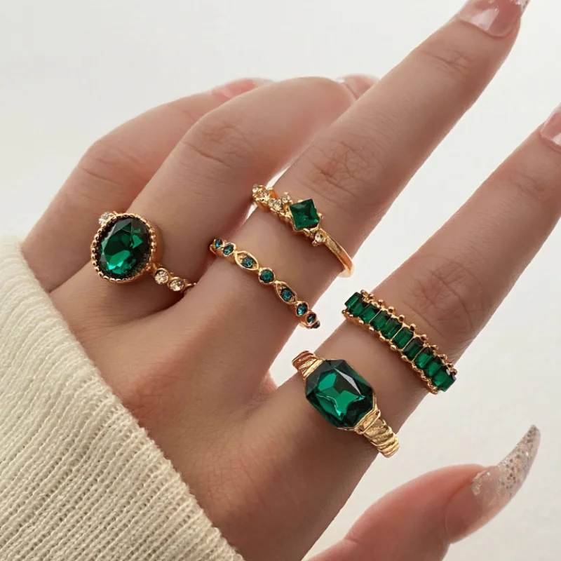 1Sets Green Crystal Rings Set for Women Gold Plated Vintage Aesthetic ...