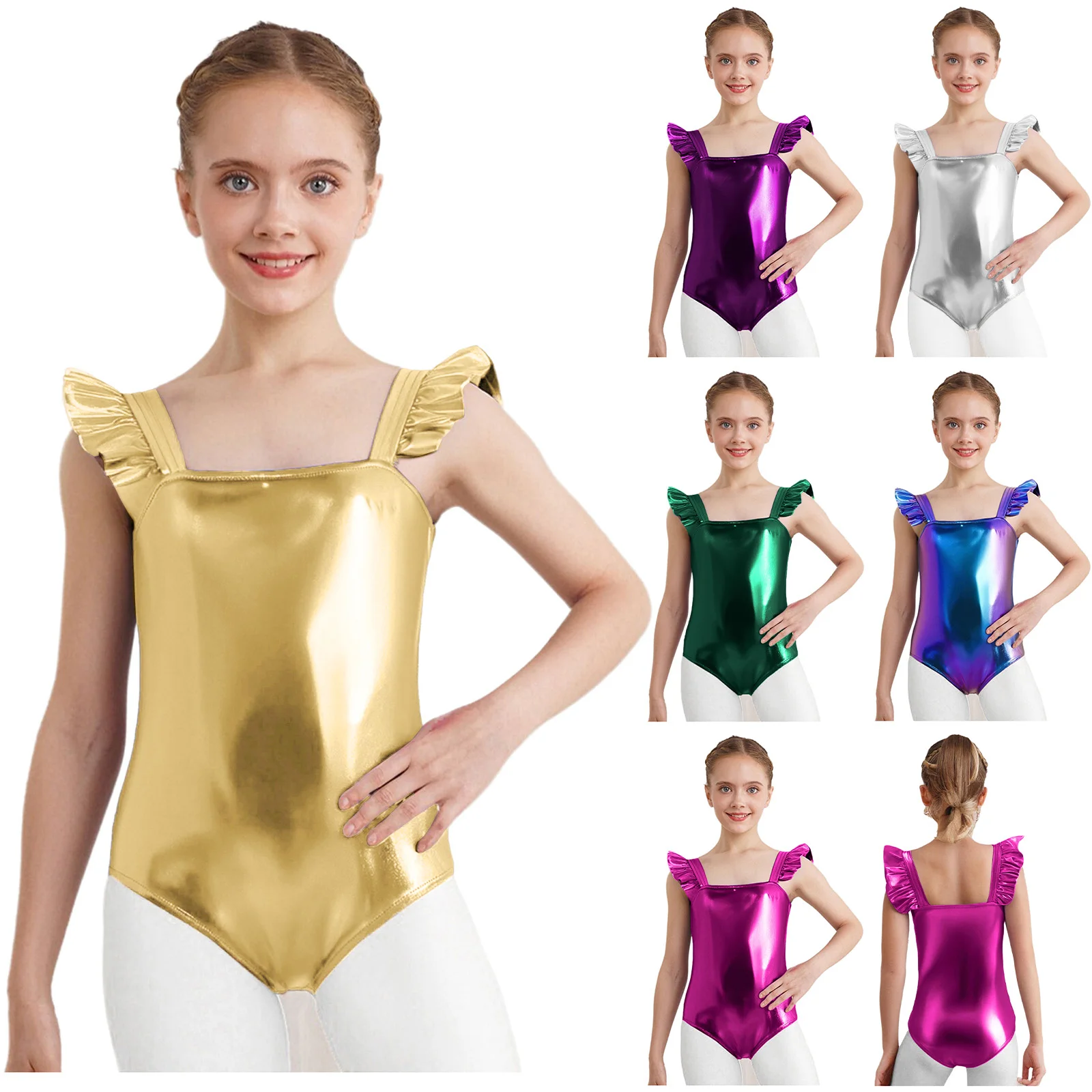 Girls Metallic Shiny Gymnastics Leotard Ballet Tank Unitard Bodysuit ...