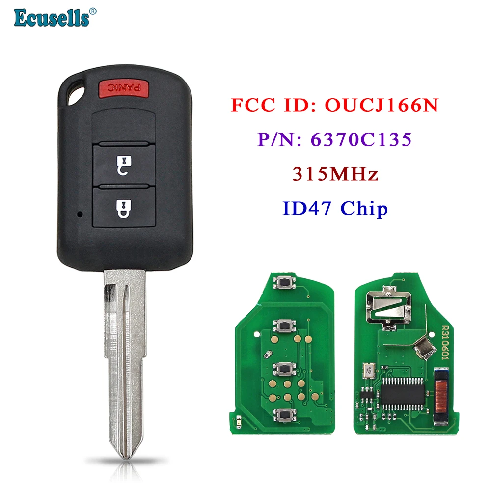 2 Button Remote Key Fob 315MHz ID47 Chip for Mitsubishi Eclipse Cross ...