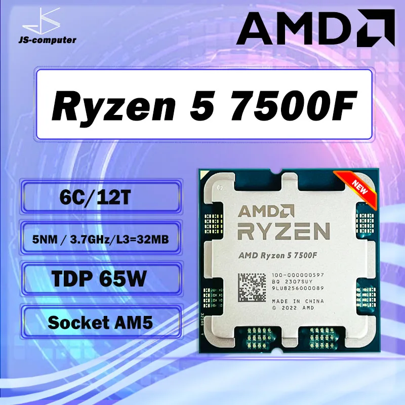 New AMD Ryzen 5 7500F R5 7500F CPU desktop processor 3.7GHz 6C/12T 5NM L3=32M 100-000000597 ...
