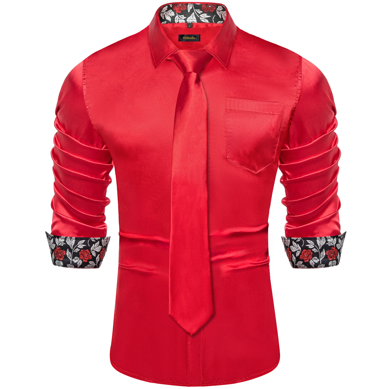Red-Rose-Floral-Stretch-Satin-Shirts-for-Men-Splicing-Contrasting-Long ...