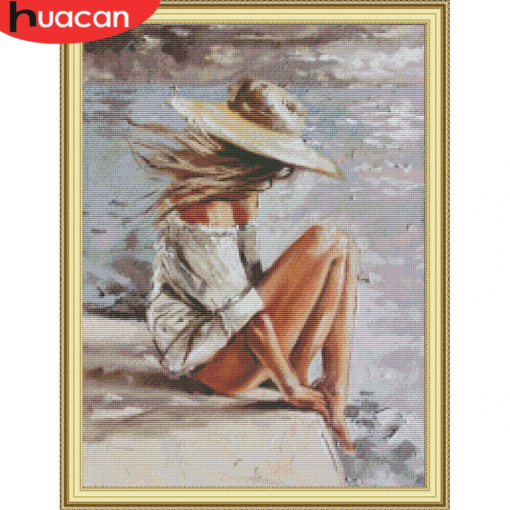 HUACAN Cross Stitch Girl Portrait Print Canvas DIY Needlework Home ...