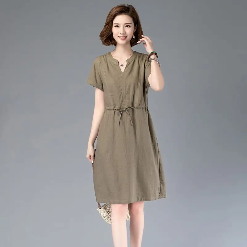 Cotton-Linen-Dresses-Women-Mid-Length-Slim-Dress-Fashion-Casual-Short ...