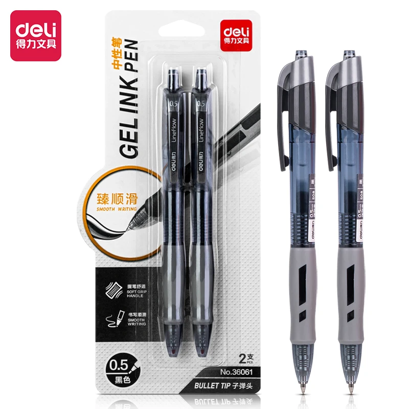 Deli-2Pcs Retractable Gel Black Ink Pens, Bullet Tip, Office Writing ...