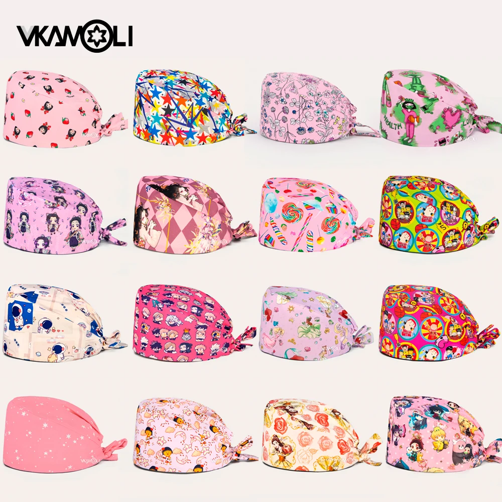 Cartoon-printed-pink-series-scrubs-cap-Nursing-Cap-lab-work-hats-dust ...