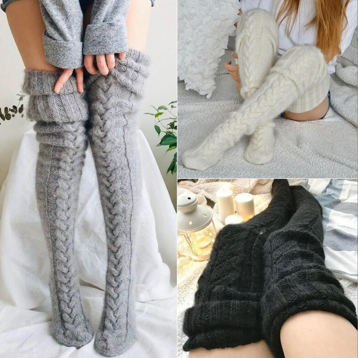 Christmas Mohair Cable Knit Stockings Women Winter Leggings Warm Grey ...