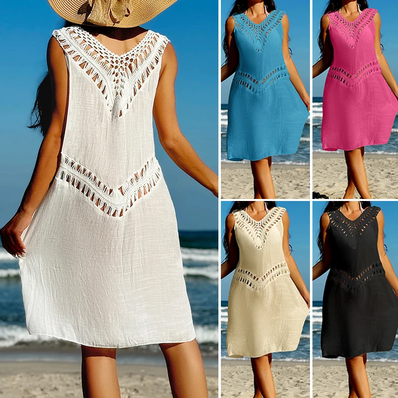 Women Knitting Crochet Splicing V Neck Hollow Out Bikini Cover Up Dress ...