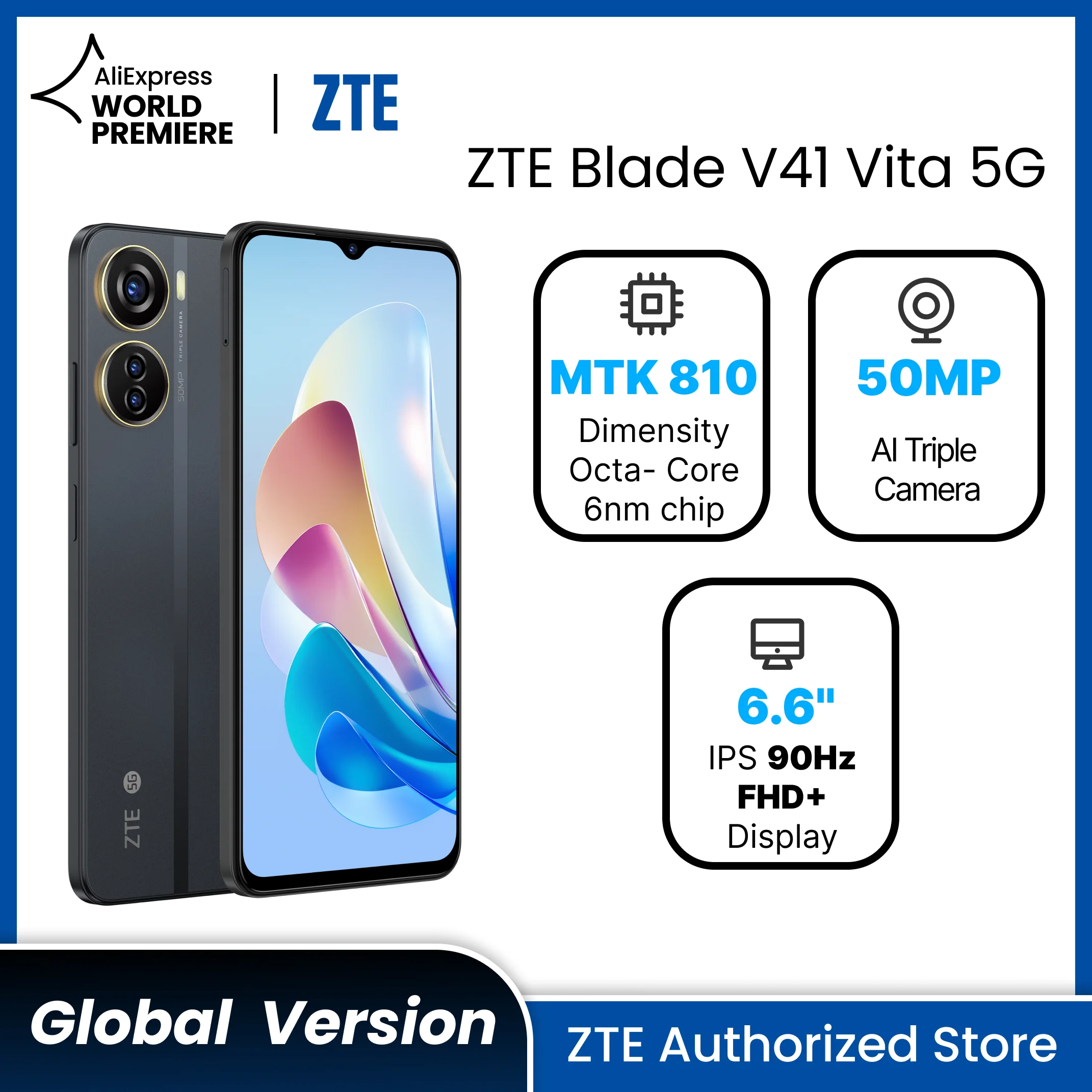 ZTE-teléfono inteligente Blade V41 Vita 5G, versión Global, Dimensity 810, Triple cámara de 50MP ...
