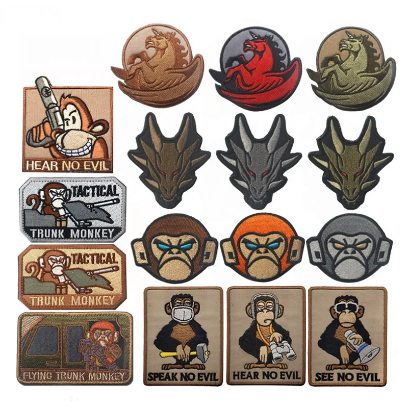 Evil Dragon Horse Embroidered Patches Tactical Monkey Appliques Military Morale Badges Jacket ...