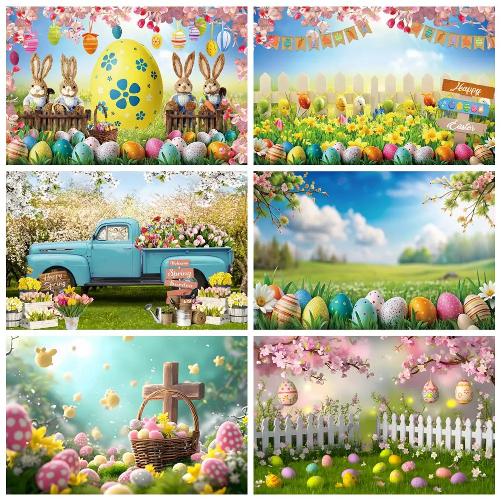 Spring Easter Nature Scenery Backdrop Flowers Grassland Rabbits Eggs ...