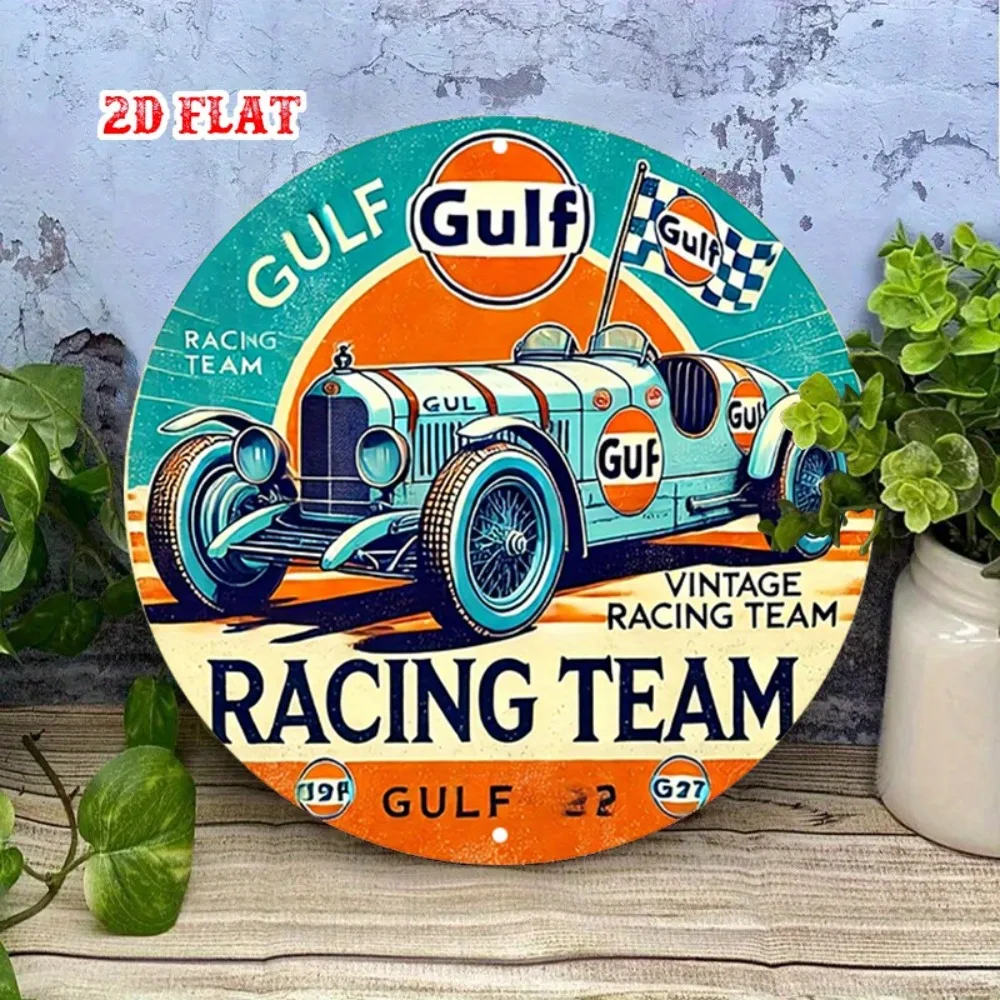 [2D Flat] Vintage Gulf Racing Car Sign - Rustic Round Aluminum Metal ...