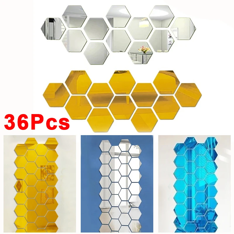 1-36Pcs-3D-Mirror-Wall-Sticker-Hexagon-Acrylic-Self-Adhesive-Removable ...