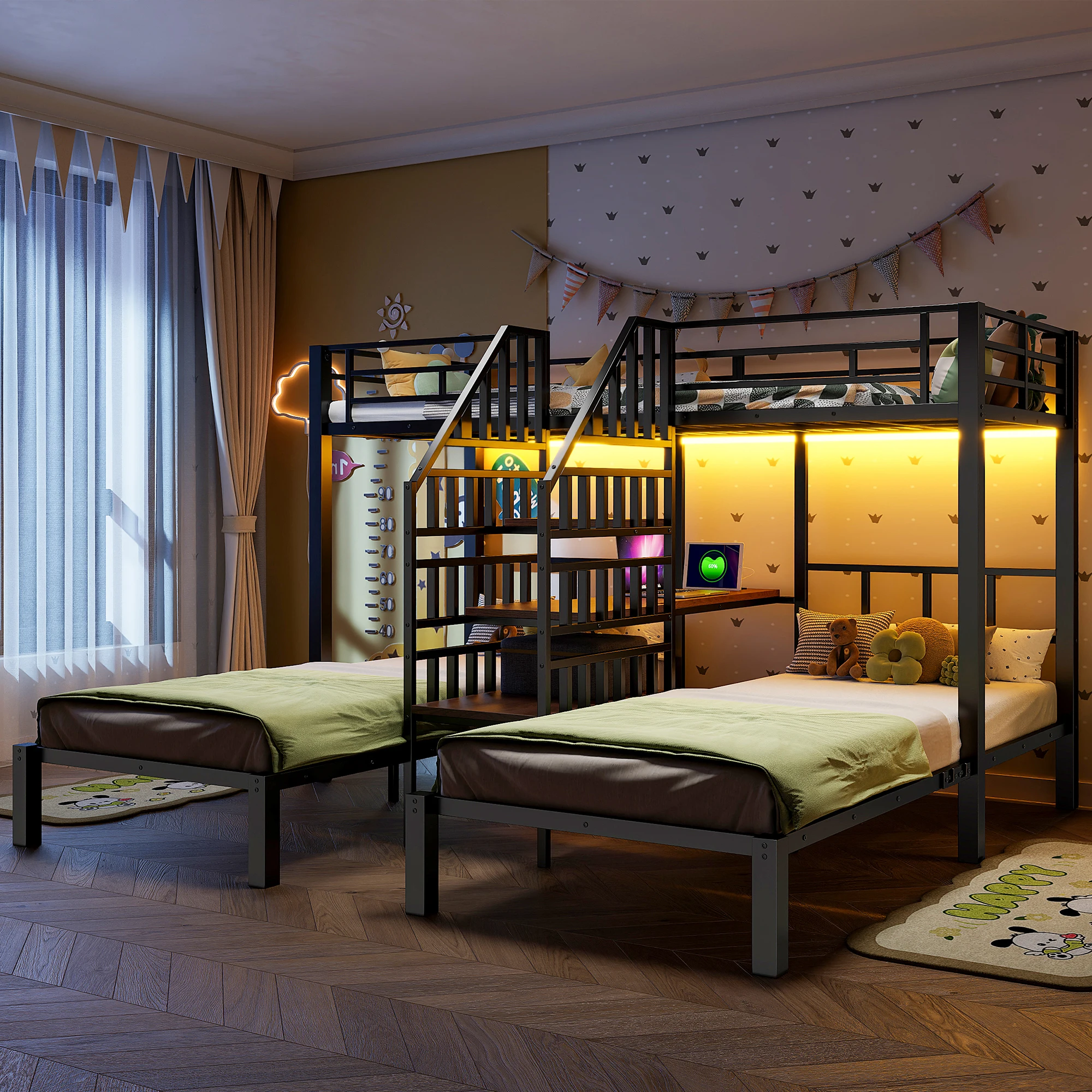 90 X 200 Cm Bunk Bed,Sturdy Metal Triple Bunk Bed With LED Lighting ...