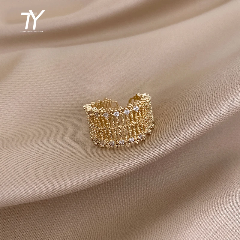 Metal Exaggerated Hollow Mesh Inlaid Zircon Gold Color Rings For Women ...
