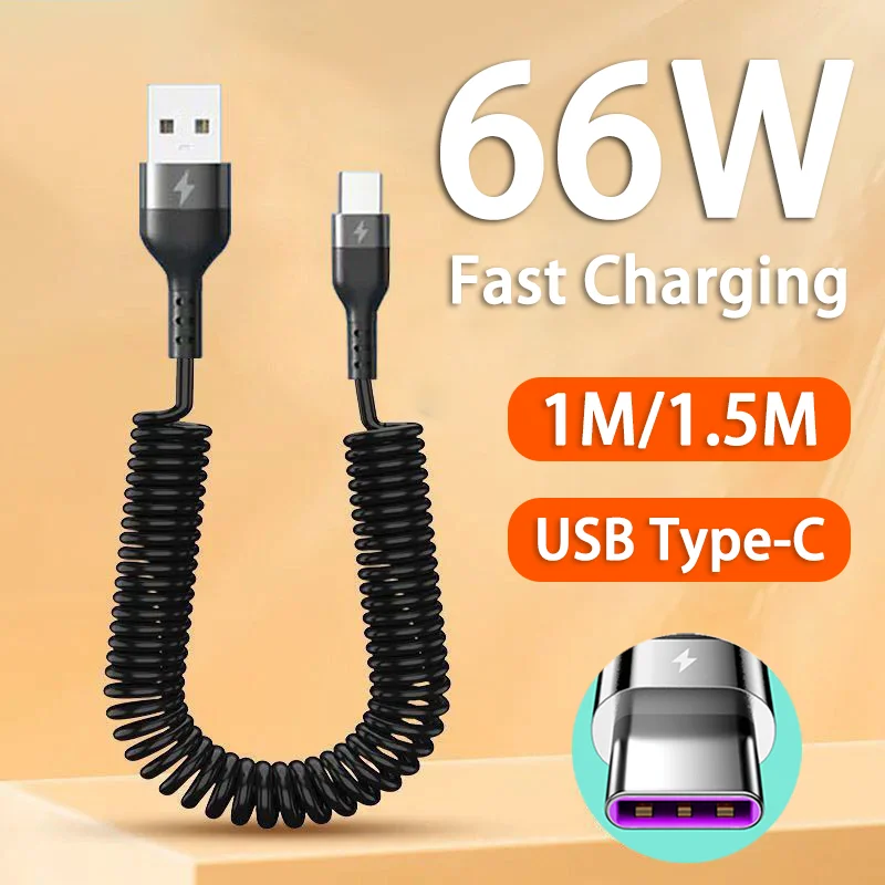Câble USB Micro et Type C 3A de 66W 5A pour recharge rapide, cordon de chargeur à ressort pour ...