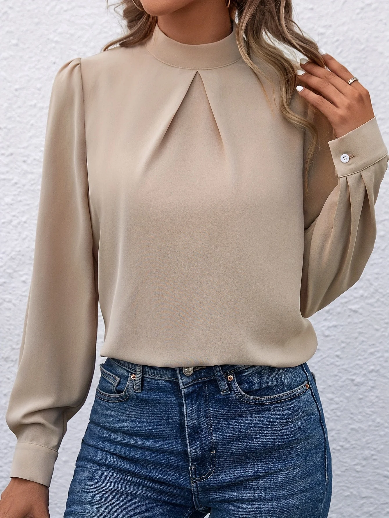 Myvesto-Women-High-Neck-Long-Sleeve-Top-Commuter-Neckline-Pleated ...