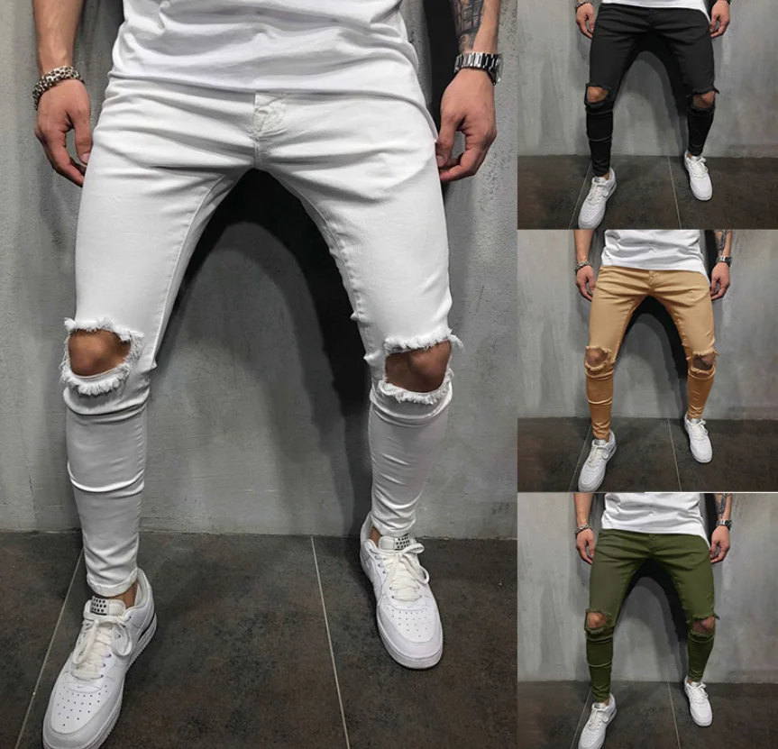 Men Ripped Pants Pencil Denim Long Pants Skinny Black/white,/green ...
