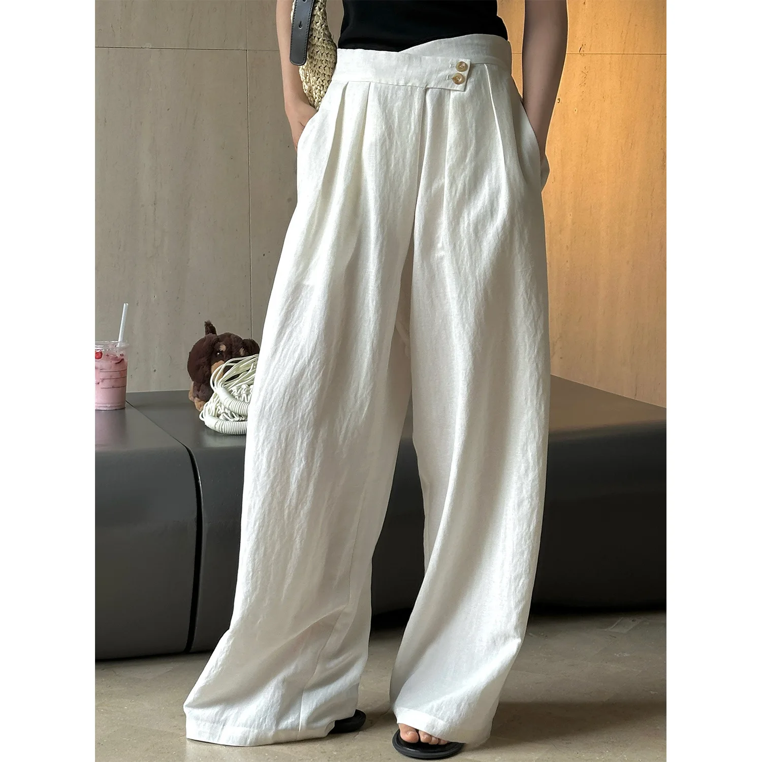 Summer-Wide-Leg-Linen-Cotton-Long-Pant-Slant-Front-Casual-Light-Thin ...