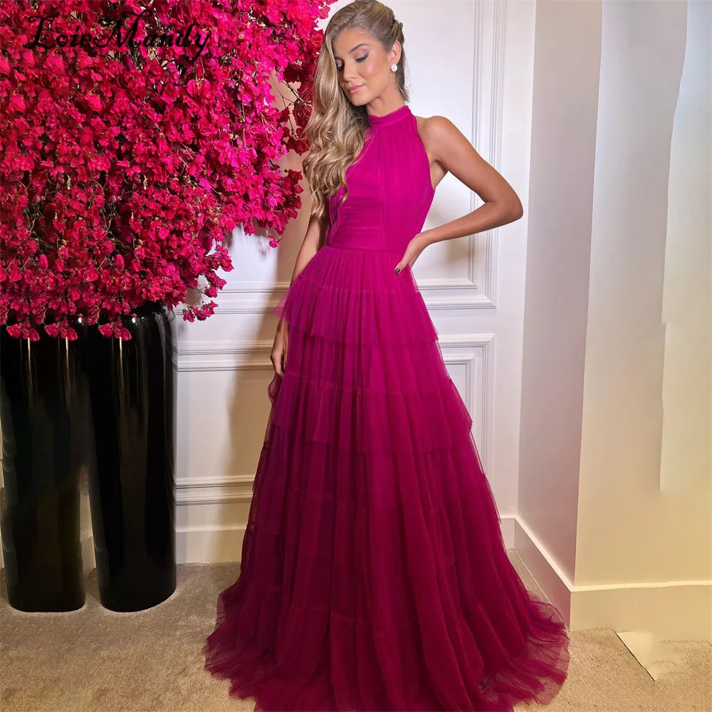 High-Neck-Fuchsia-Tulle-Evening-Dresses-Long-Stylish-Pleated-Maxi ...