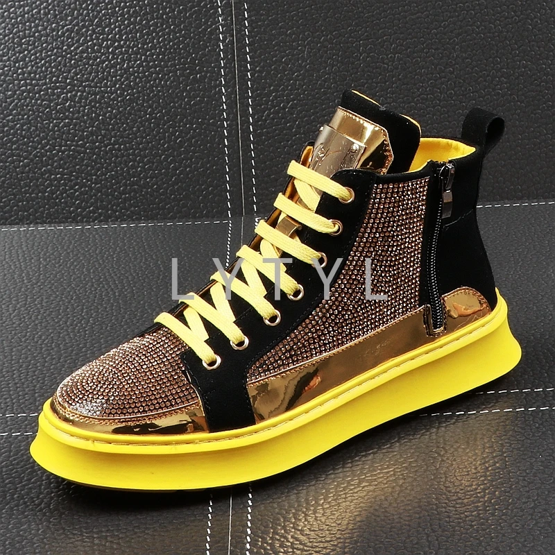 High Top Gold Mens Glitter Shoes Lace Up Crystal Platform Sneakers Blue ...
