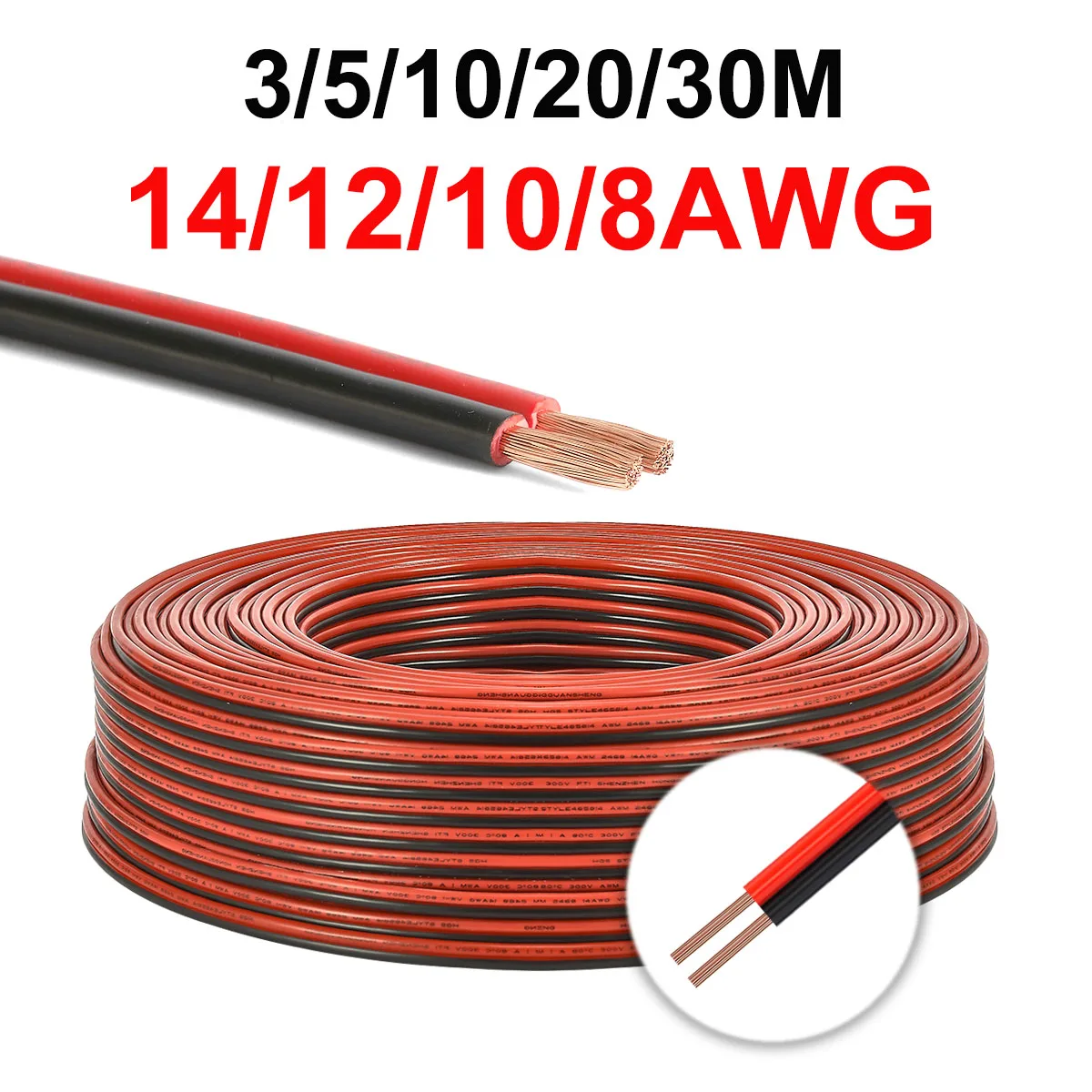 2Pin-Red-Black-Hookup-Cable-14-12-10-8AWG-RVB-Wire-Power-Line-Copper ...