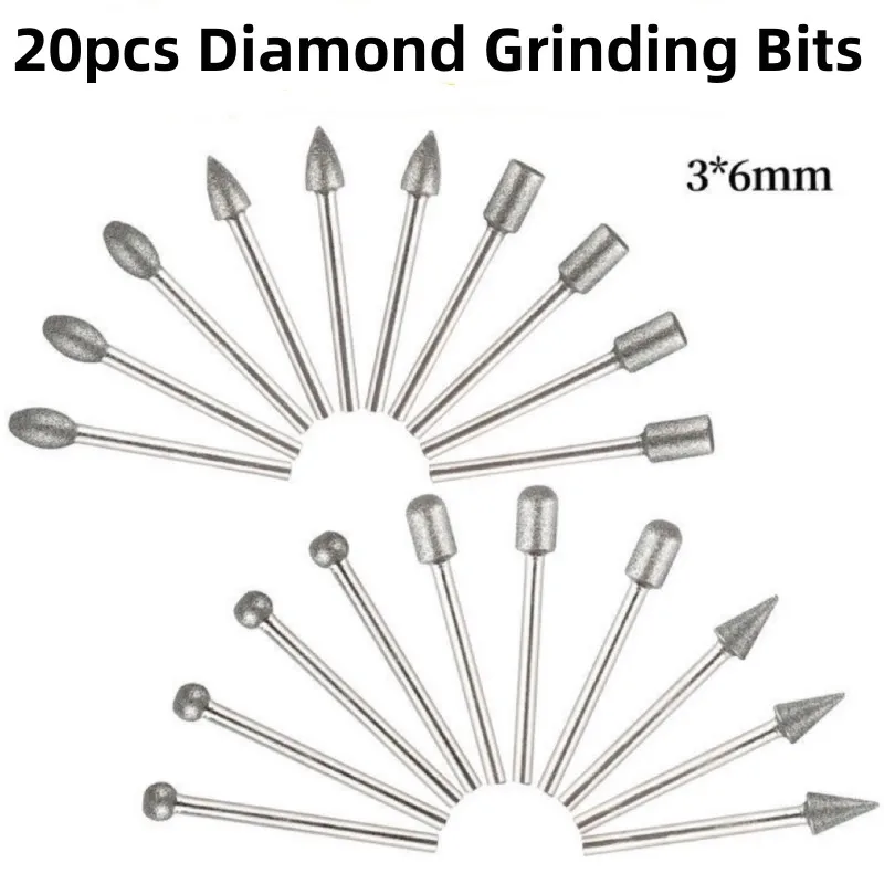 20Pcs Diamond Grinding Head Burr Bit Set Rotary Tool Needle Point ...