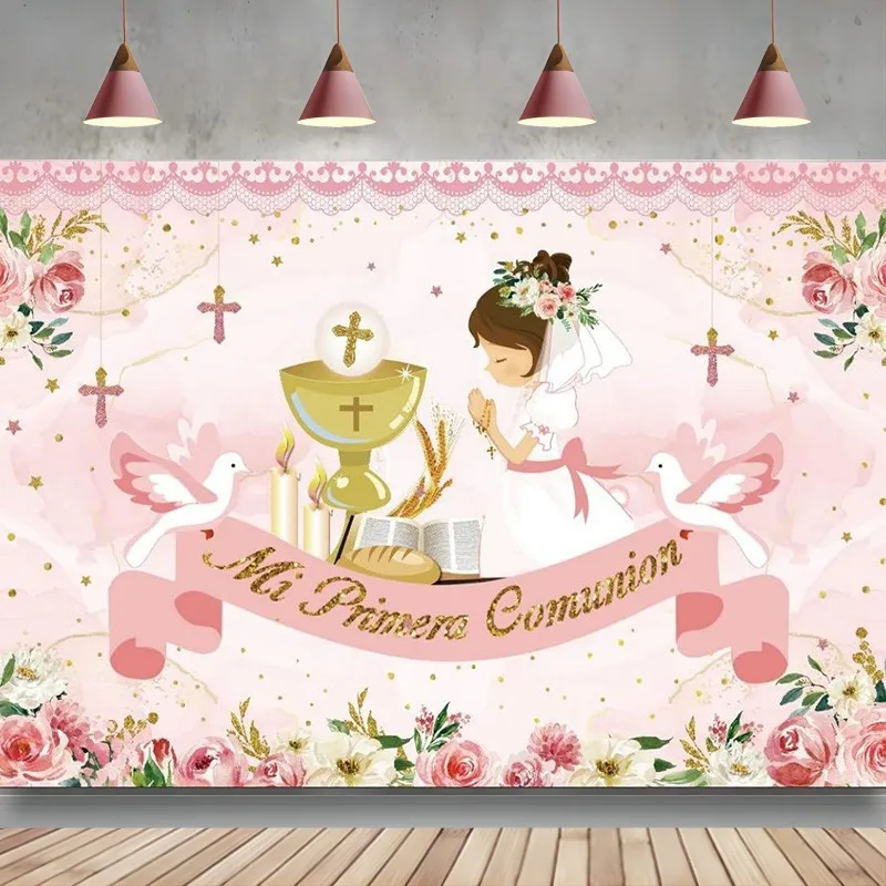 Fondo-de-Primera-comuni-n-rosa-para-ni-a-cartel-decorativo-para-fiesta ...