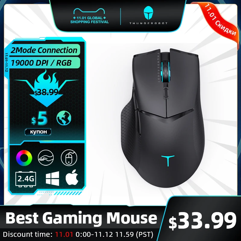 Thunderobot ratón inalámbrico para juegos ML703 Pro, 2,4G, con cable RGB, 19000 DPI, 1000mAh ...