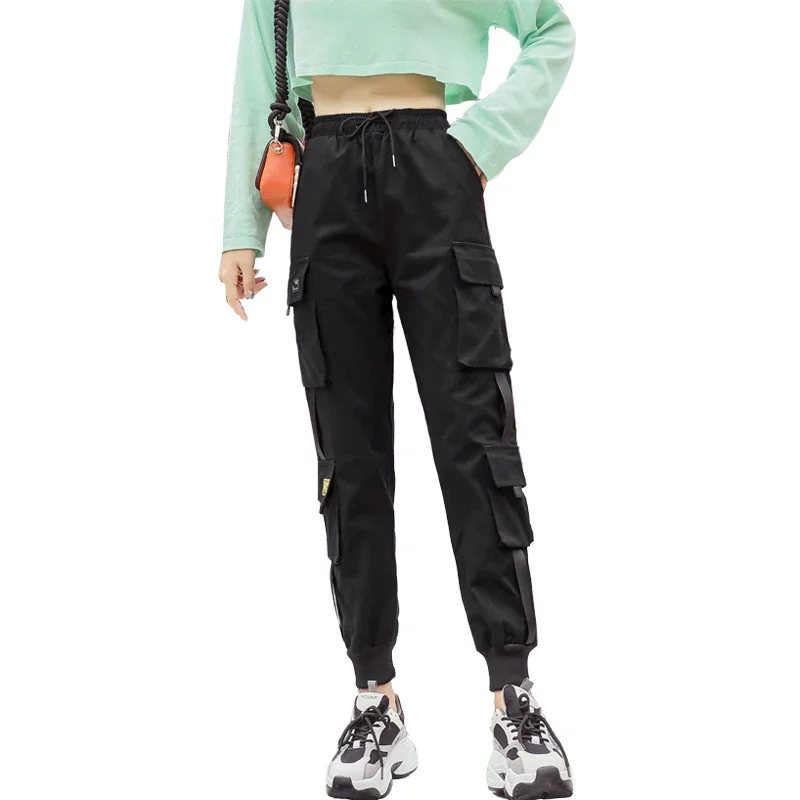 빅사이즈바지 여성용 스트리트 웨어 카고 팬츠 블랙 발목 길이 탄성 허리 조거 루즈 캐주얼 플러스 사이즈 티몬