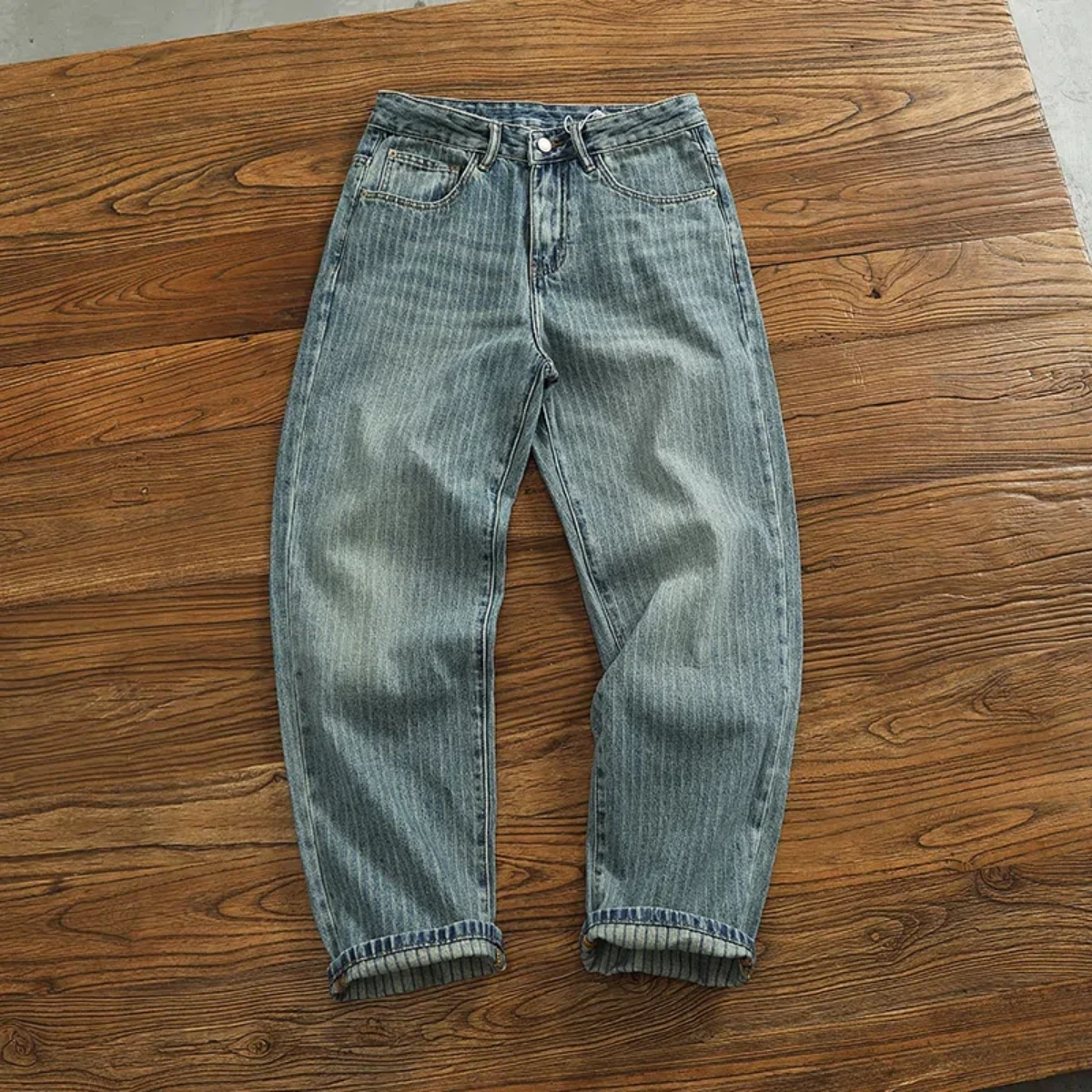 Heavy chunky jeans men vintage do old wash dark vertical texture of ...