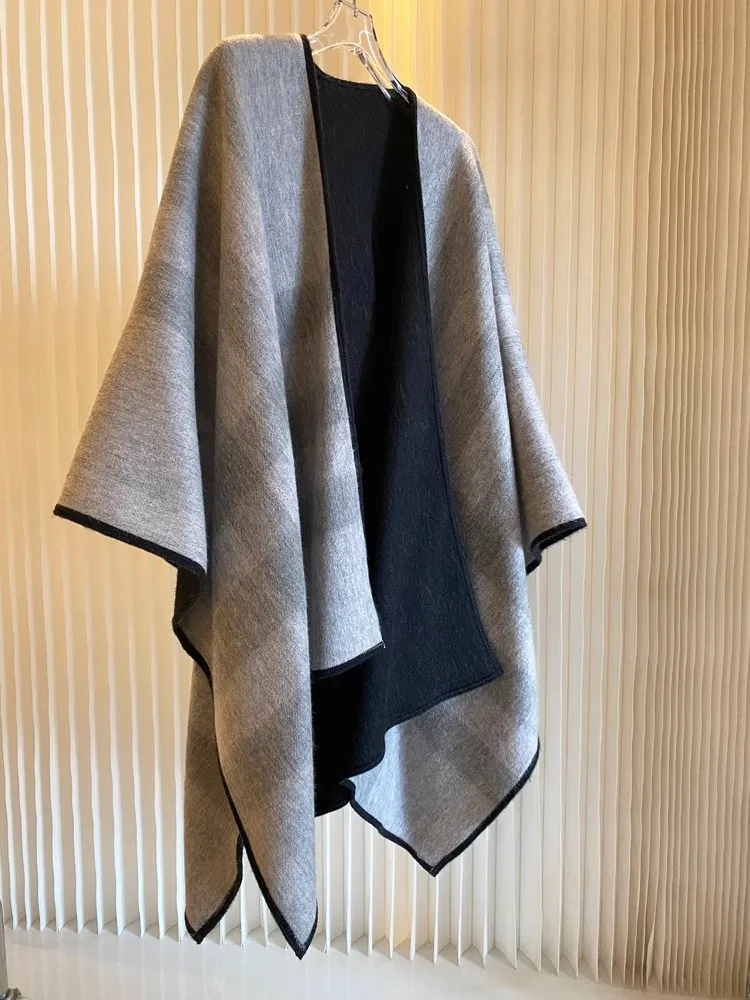 Black-Grey-100-wool-Plaid-Poncho-Luxury-brand-design-oversized-thicken ...