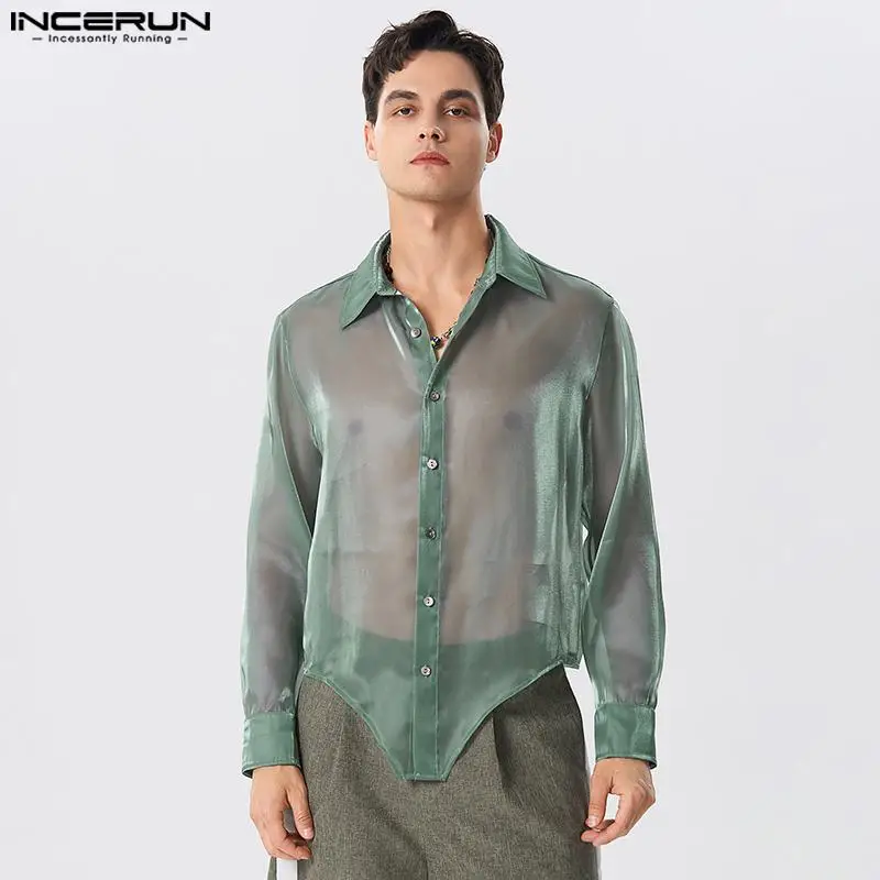 INCERUN-2024-Men-Irregular-Shirt-Mesh-Transparent-Shiny-Lapel-Long ...