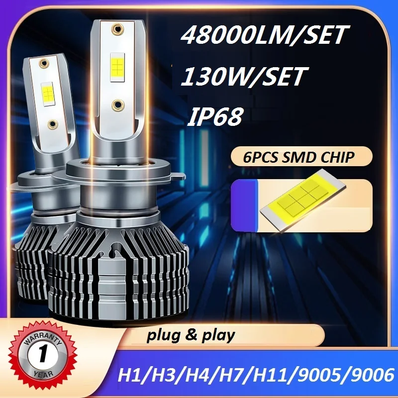 130W H7 Lâmpadas Led Canbus LED H4 48000Lm H1 H8 H9 H11 9012 Hir2 Lâmpadas Do Farol Do Carro 12V ...