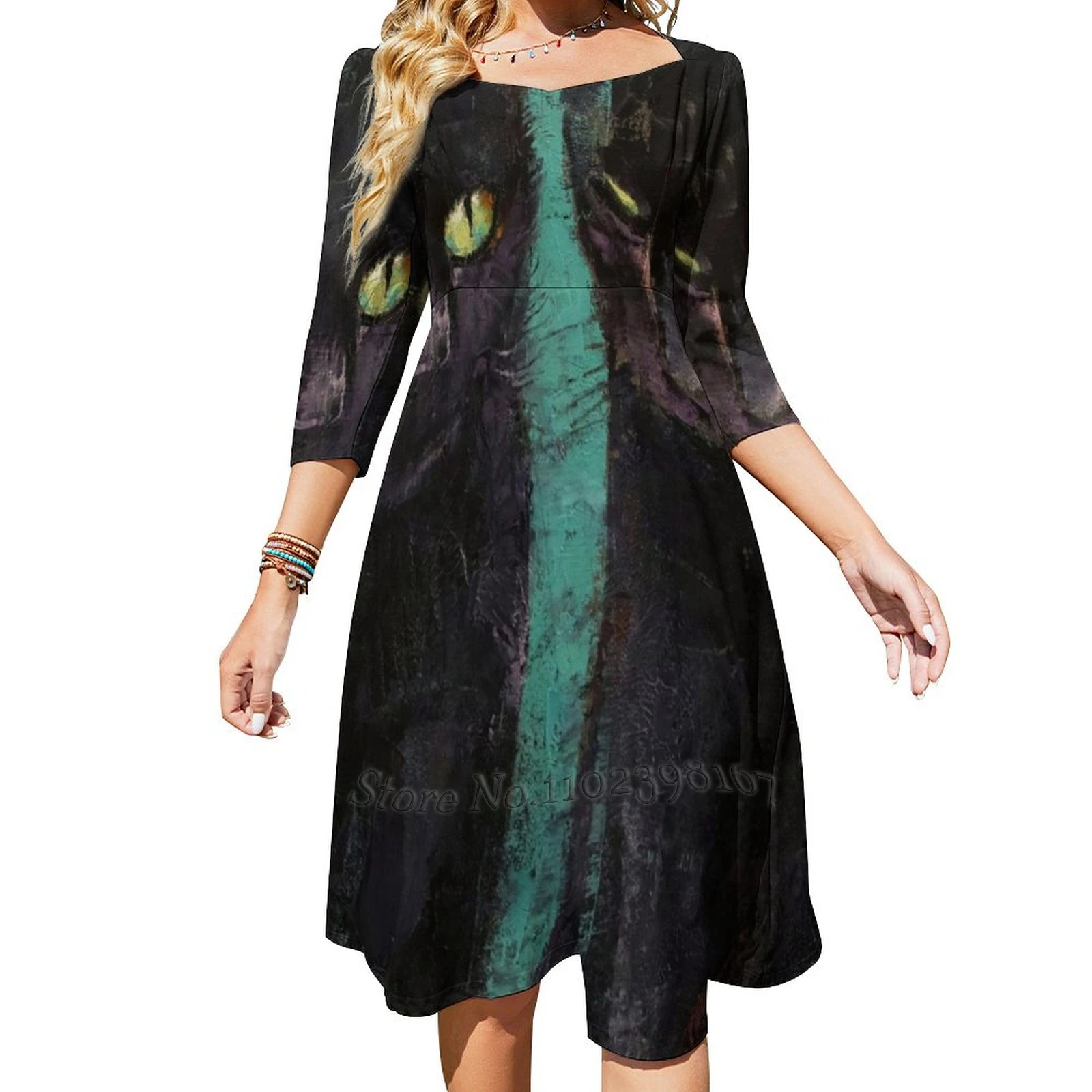 Two-Black-Cats-Flare-Dress-Square-Neck-Dress-Elegant-Female-Fashion ...