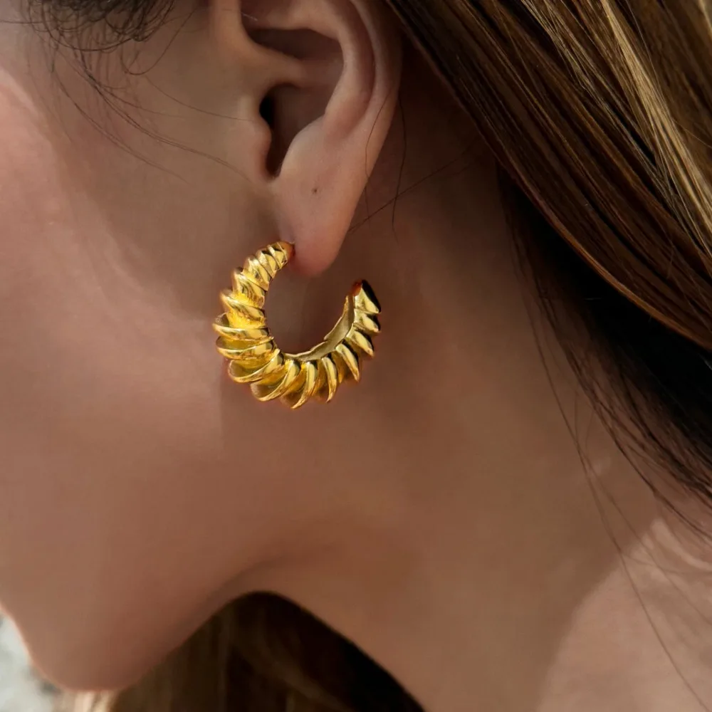 18k-Gold-Plated-Stainless-Steel-Vintage-C-Hoop-Gear-Design-Earrings-for ...