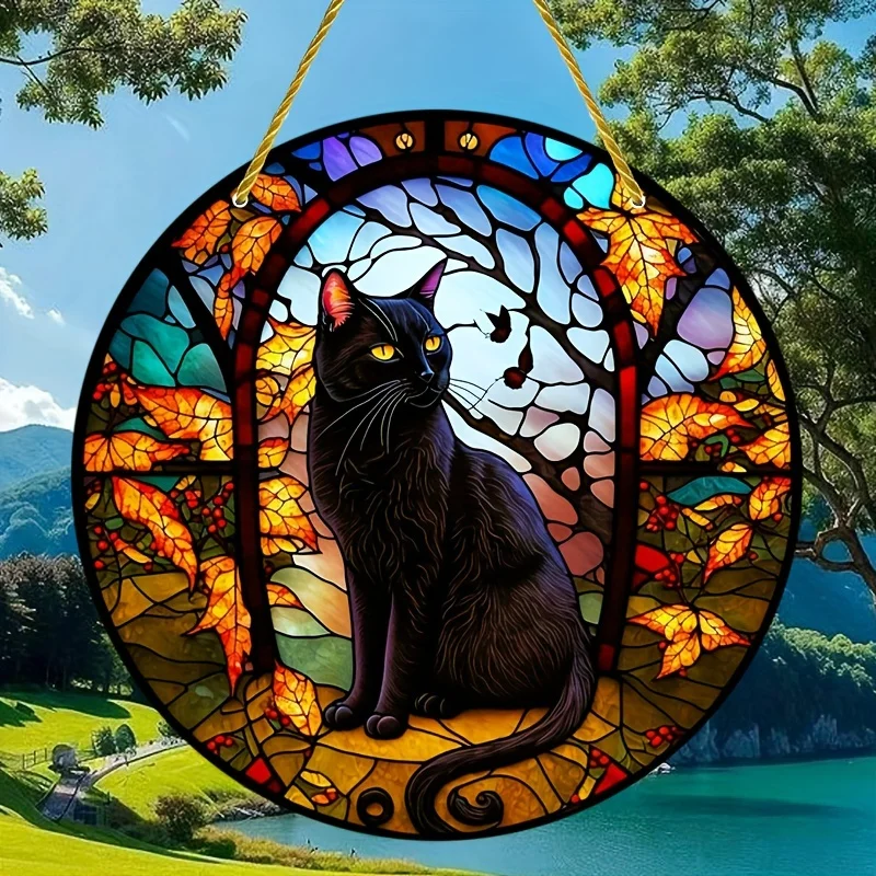 Round-Acrylic-Sign-Black-Cat-Stained-Suncatcher-Animal-Window-Wall ...