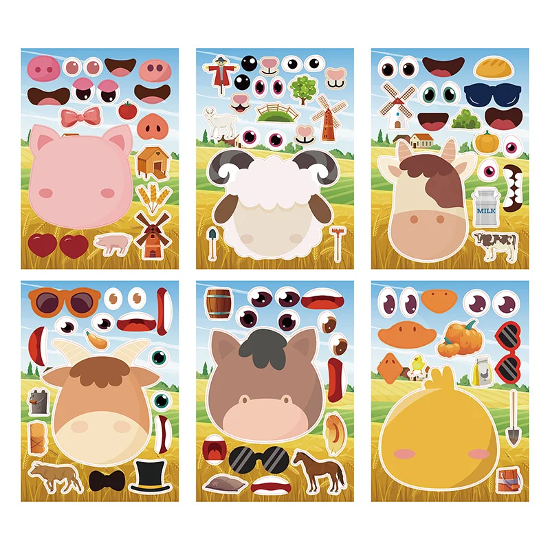 6-Sheets-Set-Farm-Animals-Assembled-Sticker-Kids-DIY-Make-Animal-Facial ...