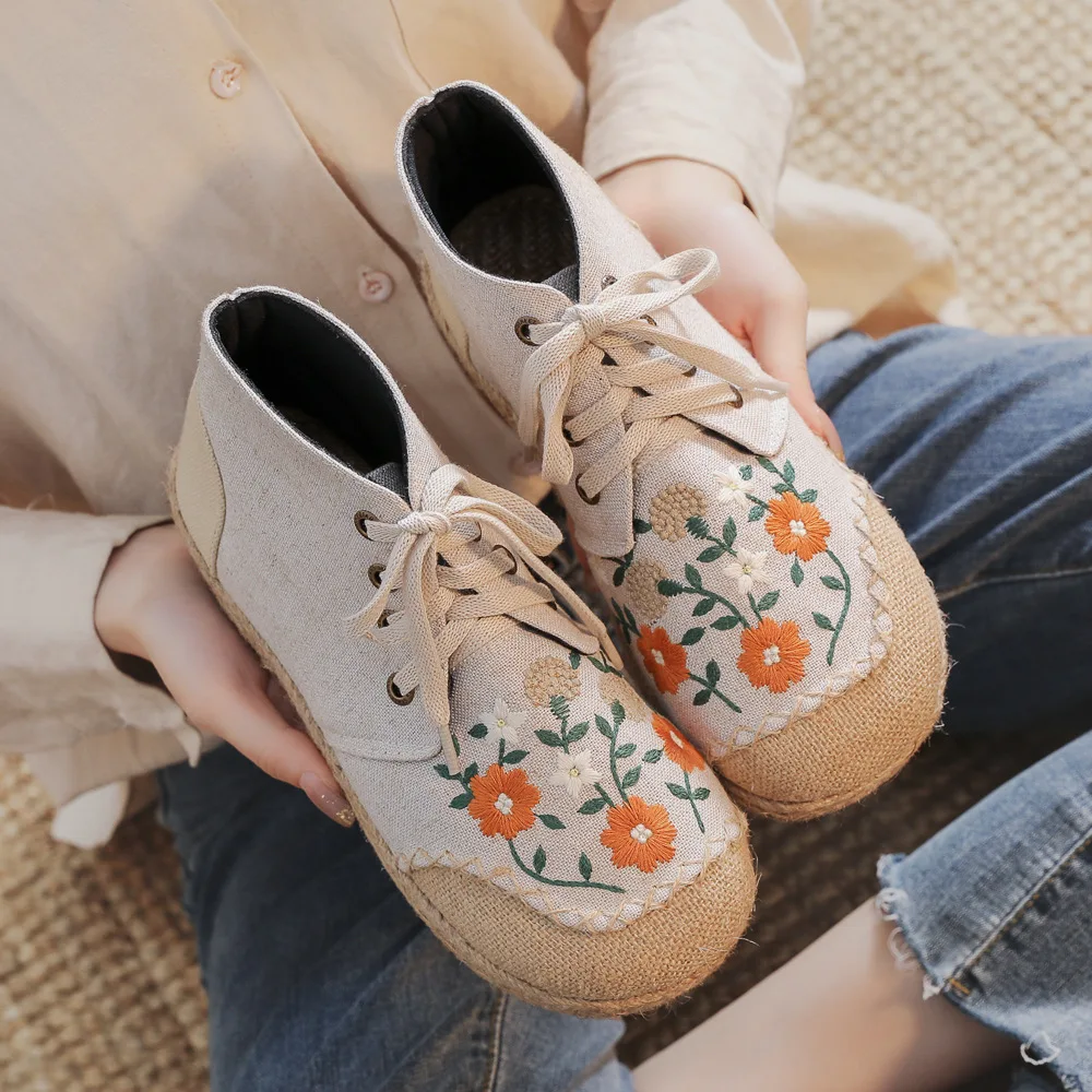 New-Embroidered-Linen-Casual-Shoes-Simple-Versatile-Mid-Top-Booties ...