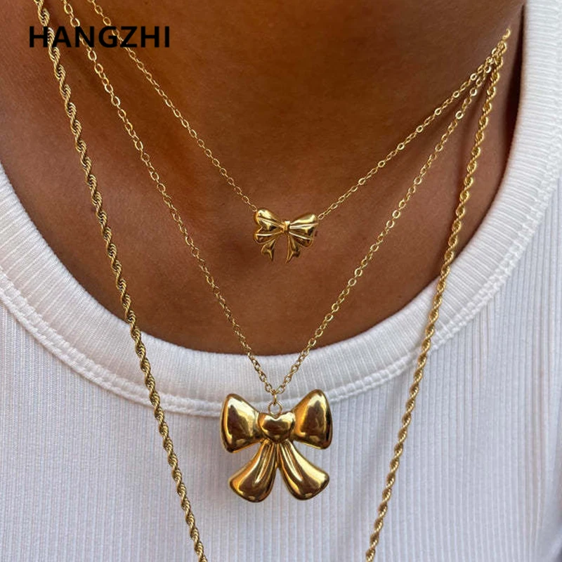HangZhi-Large-Exaggerated-Bow-Knot-Necklace-Sweet-Romantic-Stainless ...