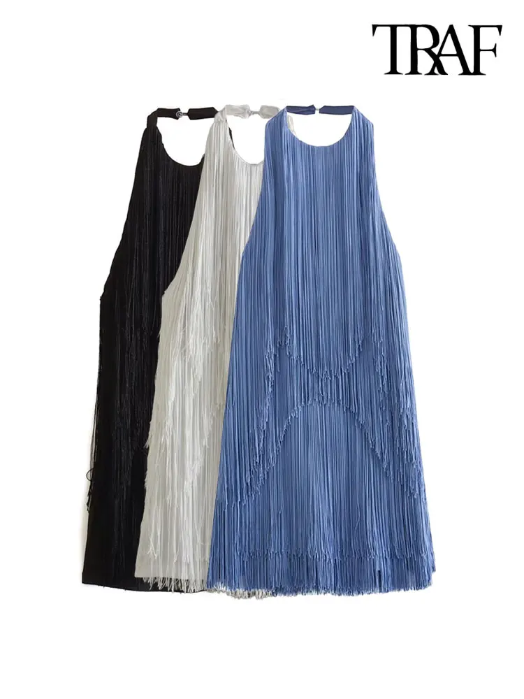 TRAF-Vestido-corto-de-fiesta-con-flecos-para-Mujer-minivestido-Sexy-con ...