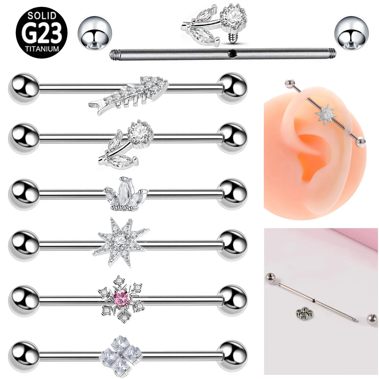 G23 Titanium ASTM F136 Long Bar Ear Piercing Jewelry Zircon Studs Multi ...