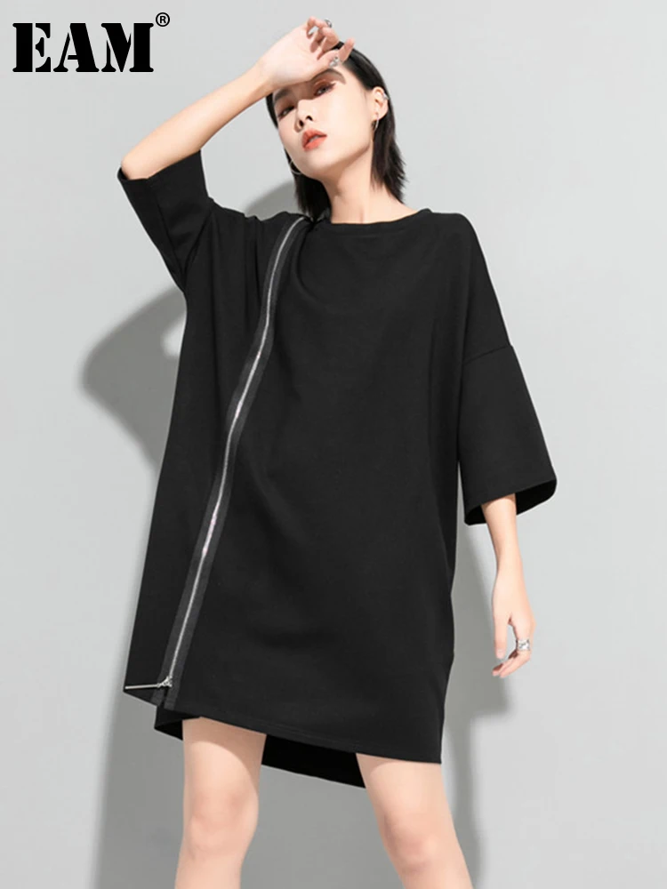 EAM-Women-Black-Zipper-Big-Size-Dress-New-Round-Neck-Three-quarter ...