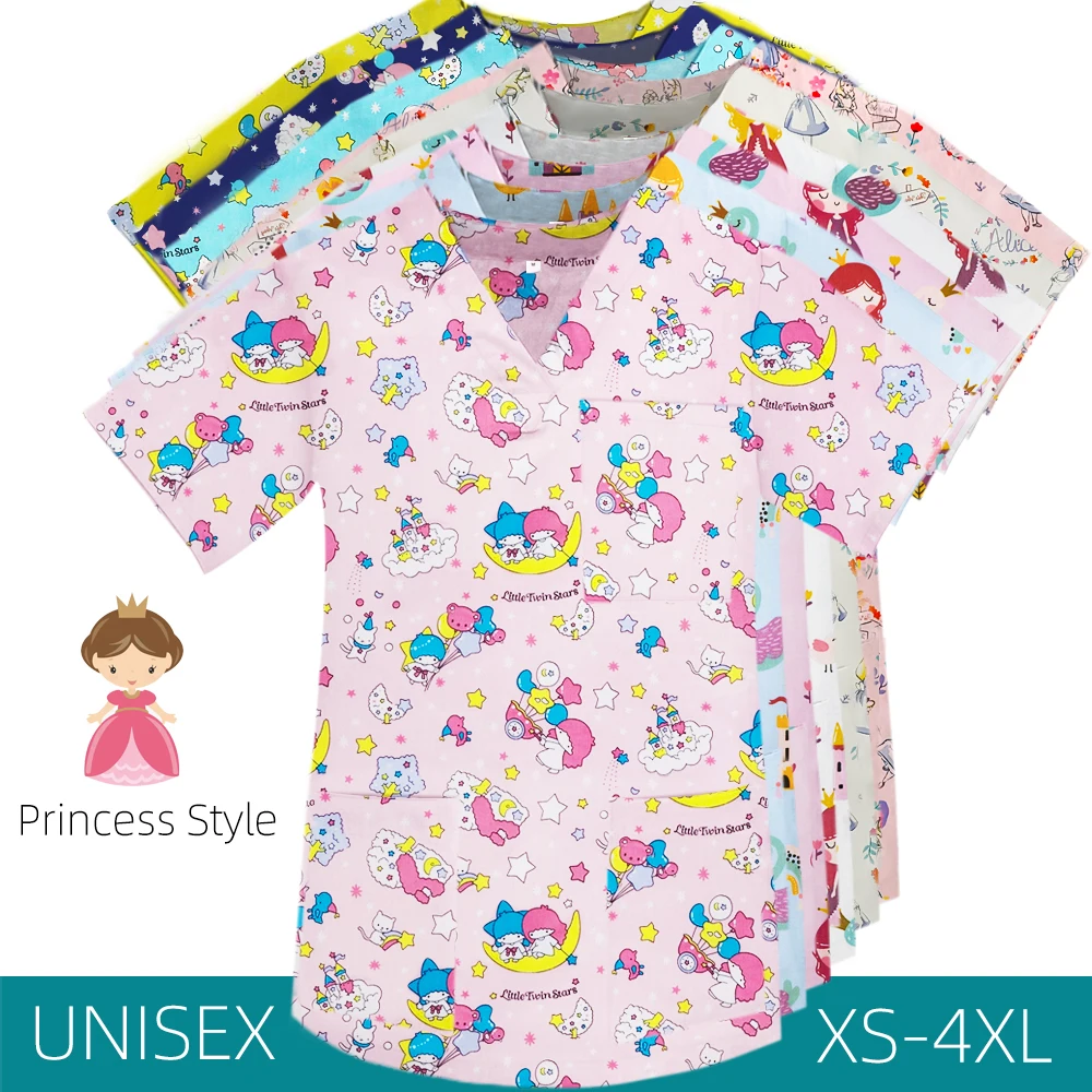 Nurse-Top-for-women-Princess-Printing-Medical-Scrub-Blouse-Nurse-V-Neck ...