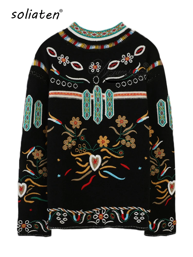 Vintage Style Embroidery Flower Pattern Lace Up Rope Hem Winter Knit ...