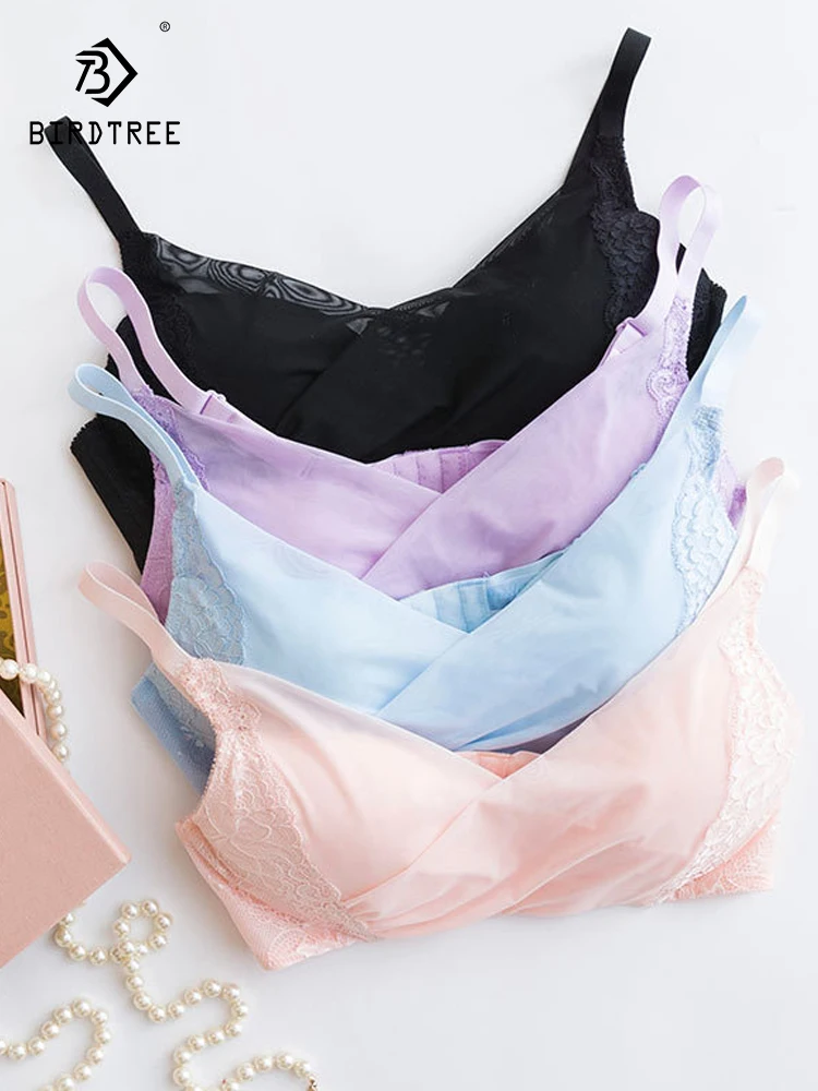 Birdtree-100-Real-Mulberry-Silk-Lining-Women-Lace-Bra-Thin-Padded-3-4 ...