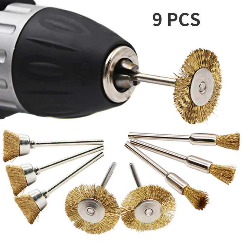 9Pcs-Brass-Brush-Steel-Wire-Wheels-Brushes-Drill-Rotary-Tools-Polishing ...