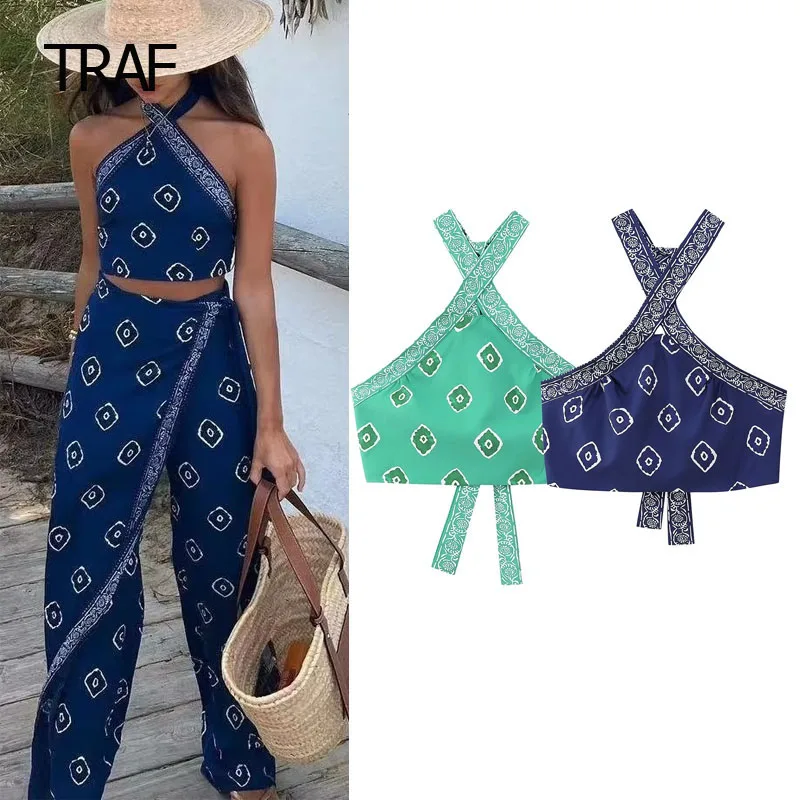 TRAF-Tops estampados con cuello Halter para mujer, Top verde informal ...