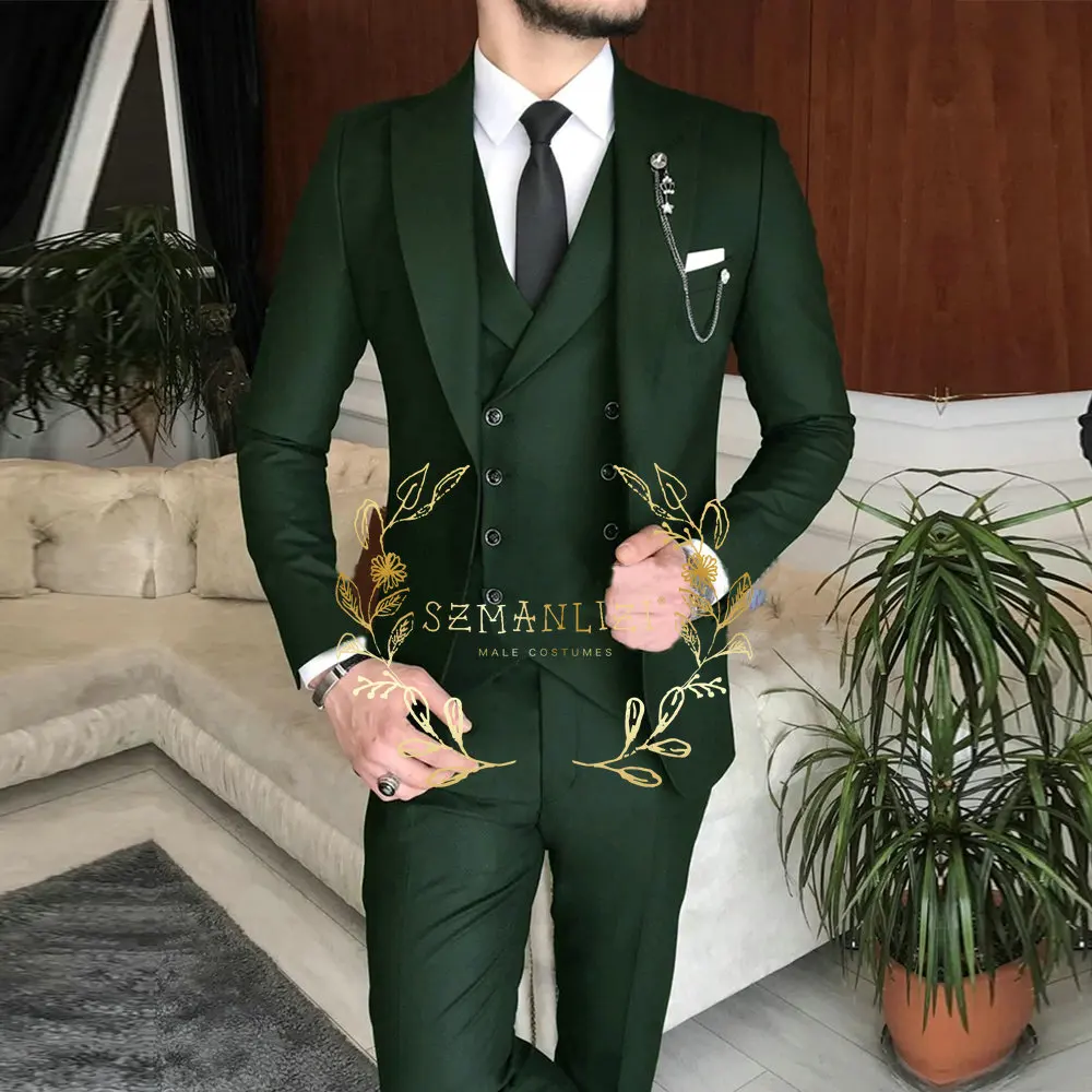 Ternos-de-casamento-Slim-Fit-3-pe-as-masculino-lapela-pico-verde-escuro ...